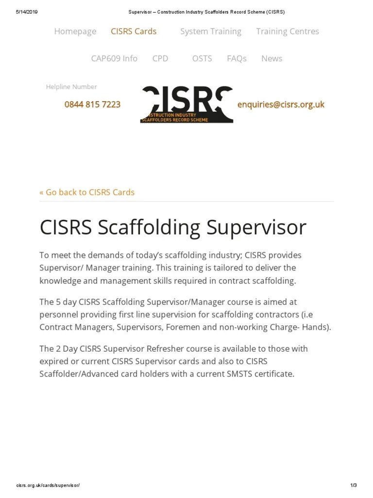 Supervisor Construction Industry Scaffolders Record Scheme Cisrs