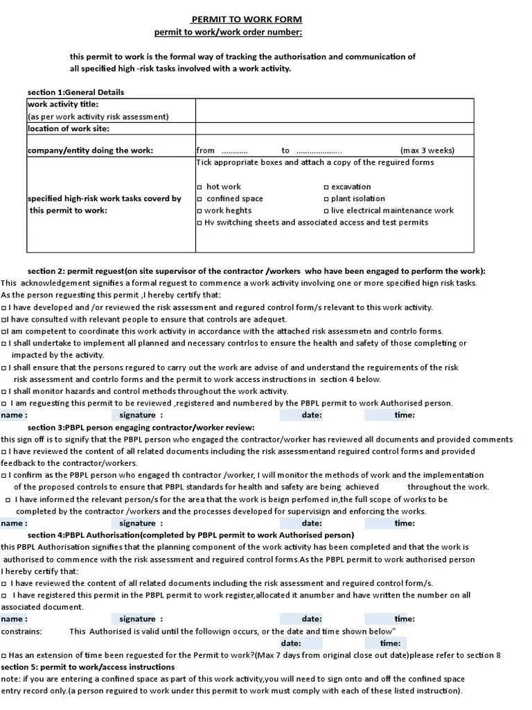 Permit Work Form Pdf Risk Assessment Occupational Safety And Health