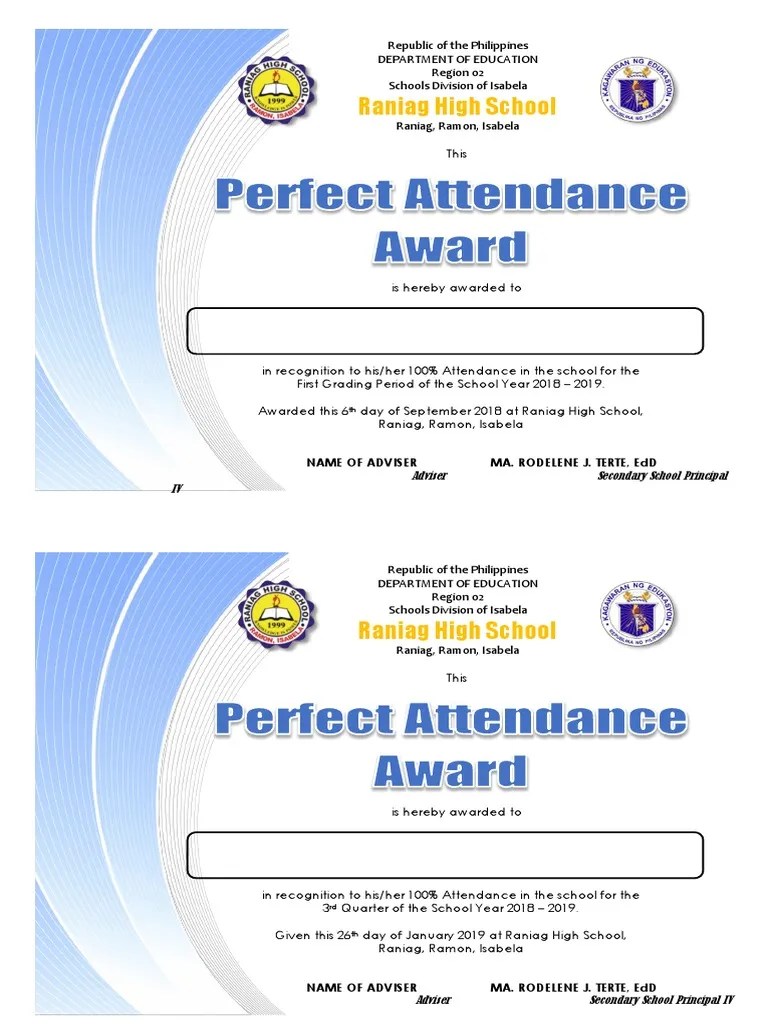 Perfect Attendance Certificate Raniag High Pdf
