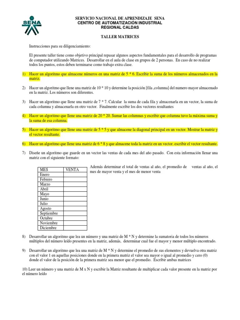 Taller Matrices | PDF | Matriz (Matemáticas) | Algoritmos