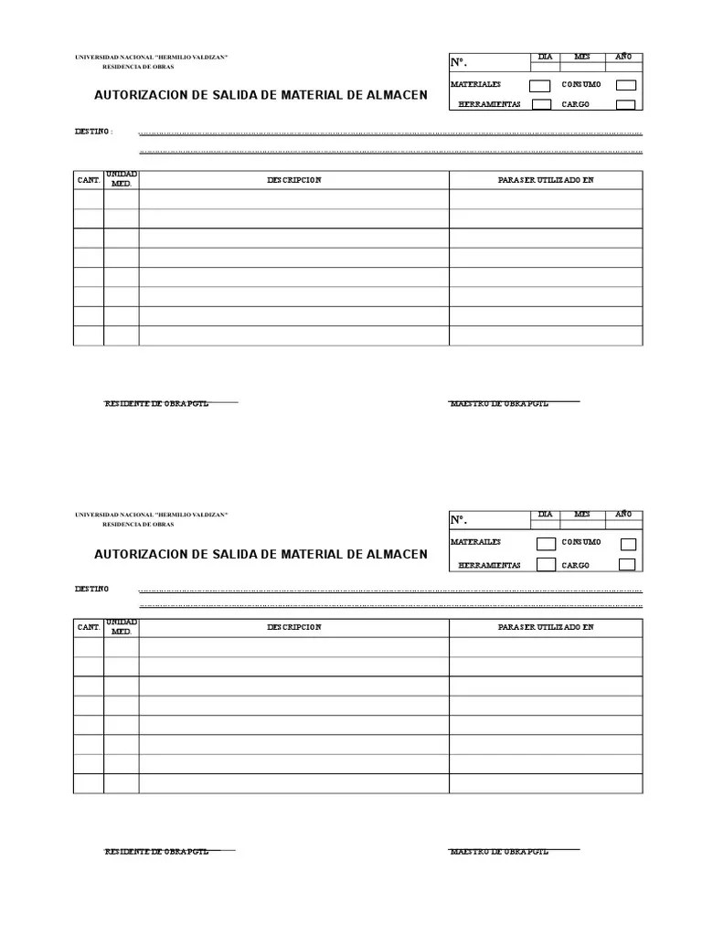 Orden De Salida Materiales Pdf
