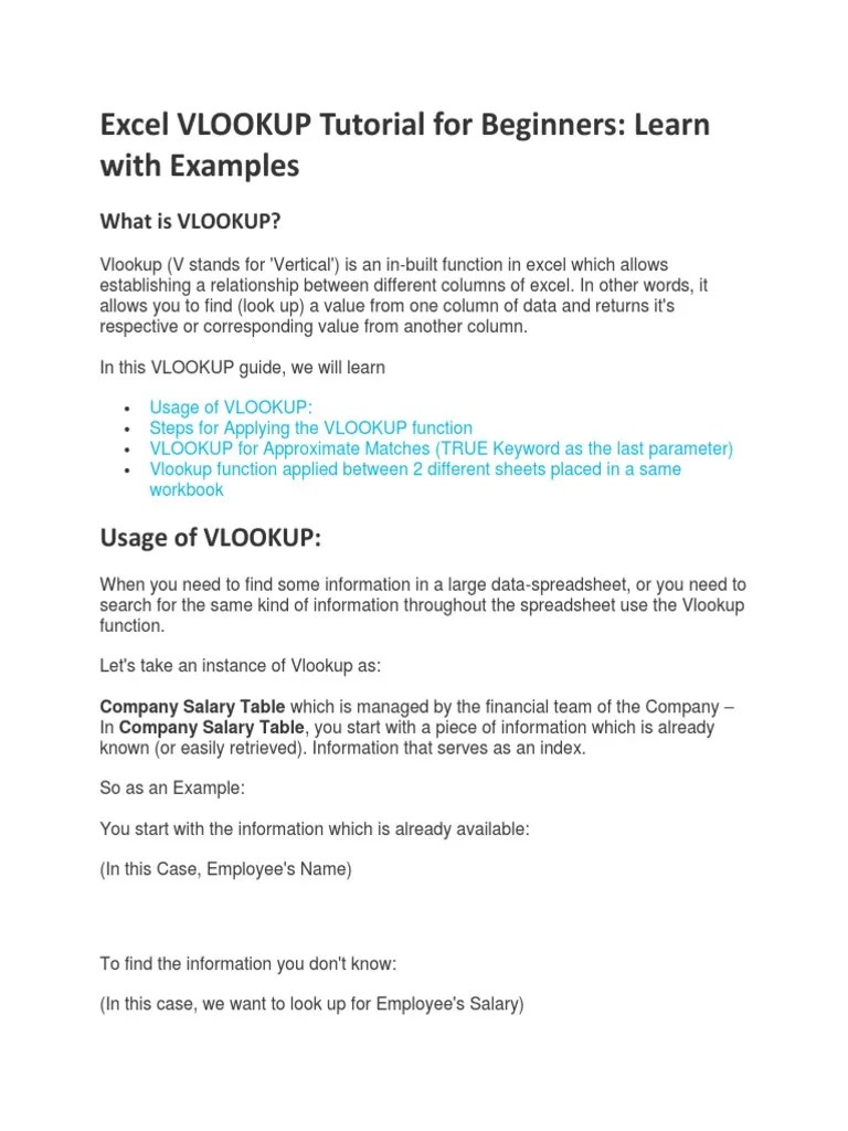 Excel Vlookup Guide For Beginners Pdf Spreadsheet Microsoft Excel