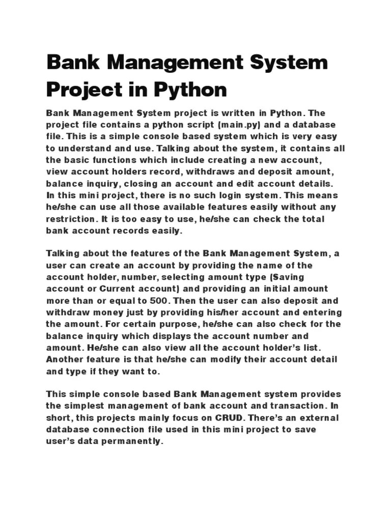 Python Bank Management System Project Pdf Transaction Account