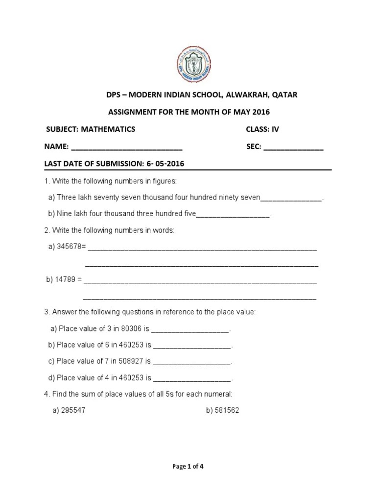 Class 4 Maths Assignment May 2016 Pdf Numbers Encodings