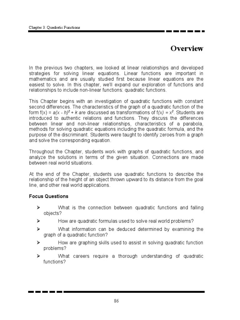 Advanced Math Chapter 3 Quadratic Functions Pdf Quadratic Equation