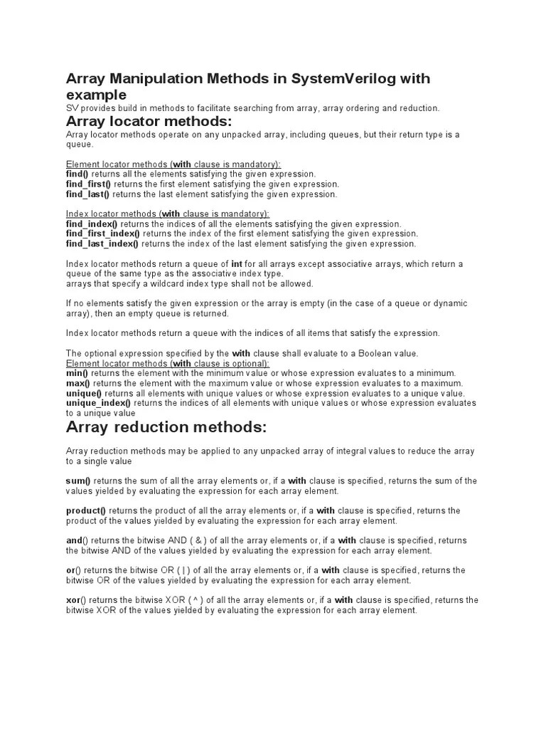 Array Manipulation Methods In Systemverilog With Example Pdf Array
