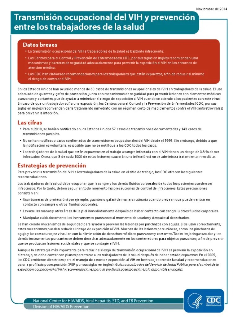 Transmisión Ocupacional Del Vih Y Prevención Entre Los Trabajadores De