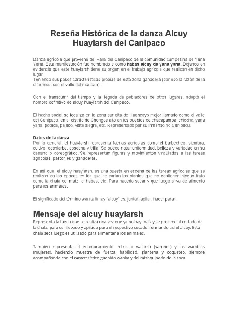 Reseña Histórica De La Danza Alcuy Huaylarsh Del Canipaco Pdf