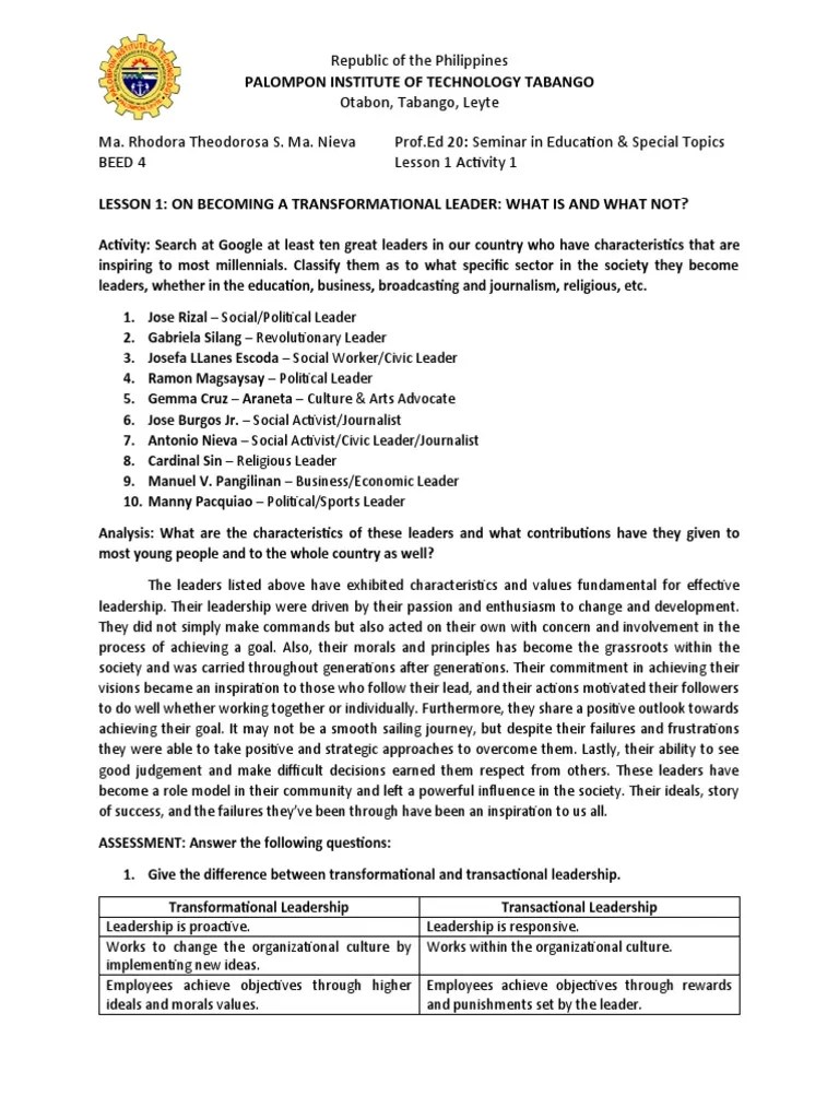 Lesson 1 Activity Answer | PDF | Transformational Leadership | Leadership