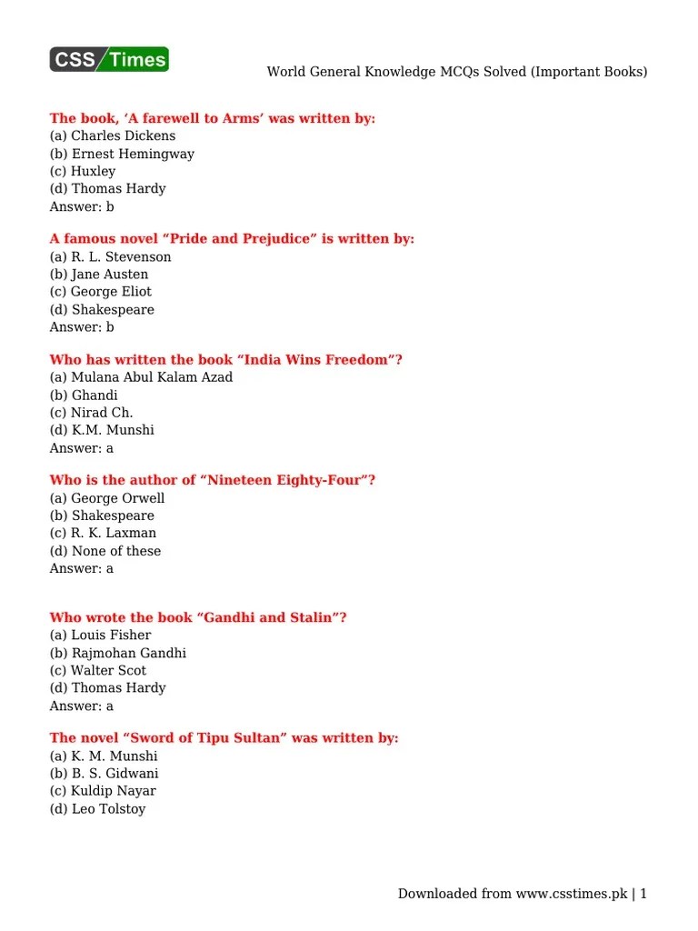 World General Knowledge Mcqs Solved Important Books Pdf
