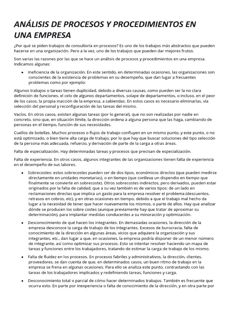 Análisis De Procesos Y Procedimientos En Una Empresa Pdf Procesos
