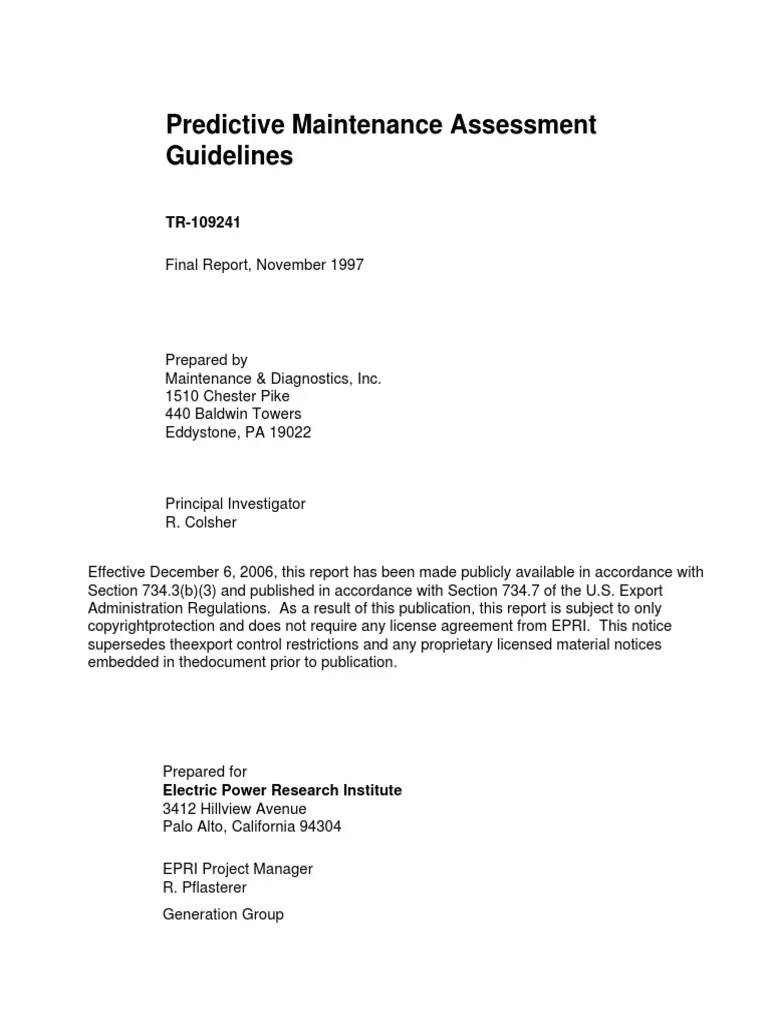 Predictive Maintenance Assessment Guidelines Pdf Reliability