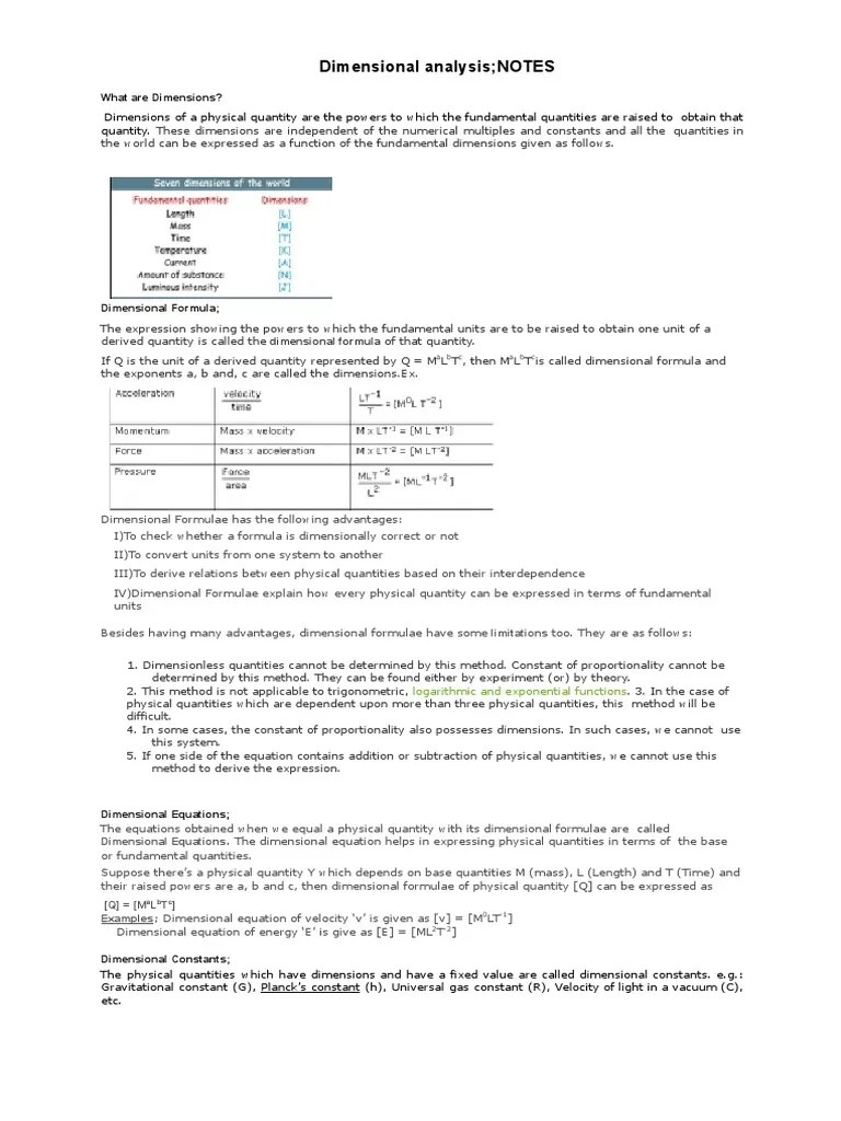 Dimensional Analysis Notes For Class 11 Pdf Classical Mechanics