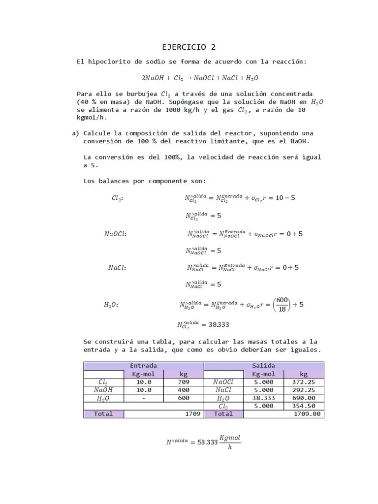 Cálculo De Reactivos En Hipoclorito De Sodio Pdf Ingeniería De