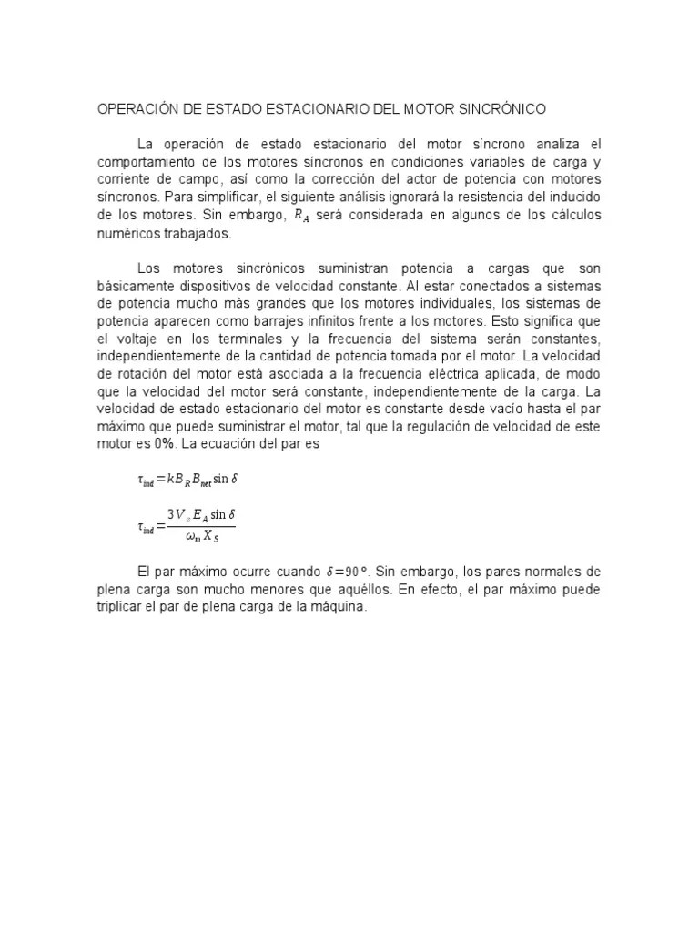 Estado Estacionario En Motores Síncronos Pdf Corriente Eléctrica