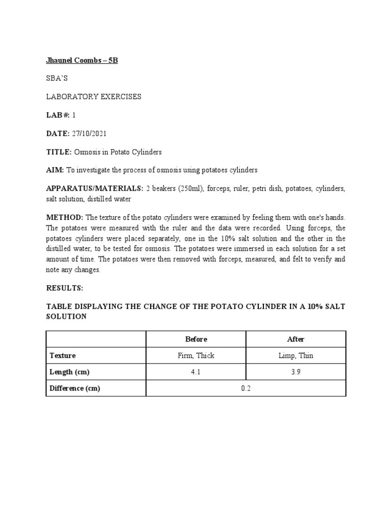 Lab Report 1 Osmosis In Potato Cylinders Pdf Osmosis Water