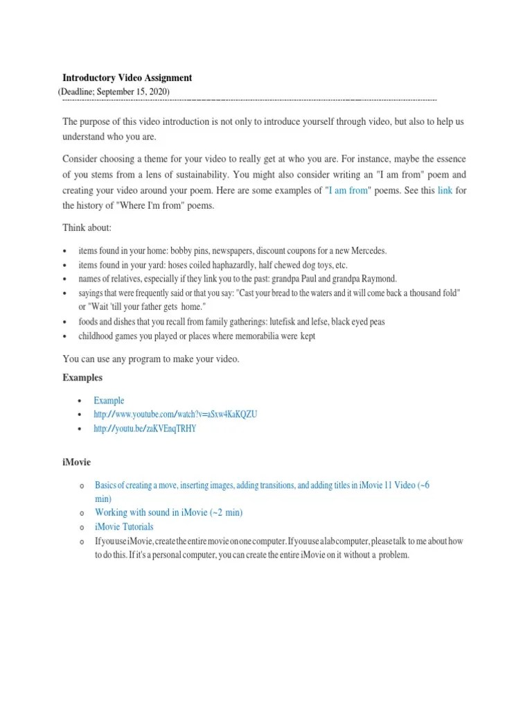 Introductory Video Assignment Guide Pdf You Tube