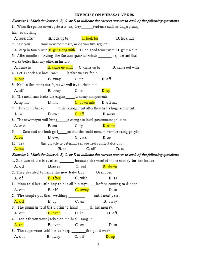 Exercise On Phrasal Verbs Pdf