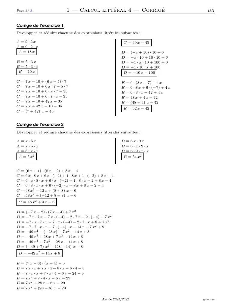 Exercices Corrigés De Calcul Littéral 4ème Pdf Théorie échecs
