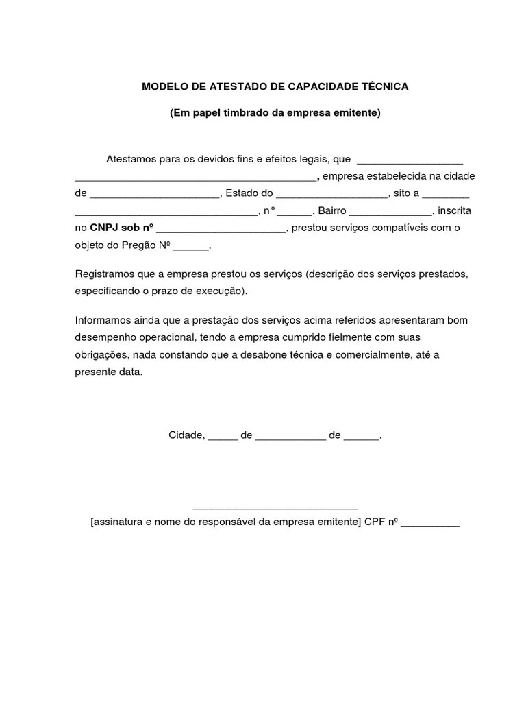 Modelo De Atestado De Capacidade Técnica Pdf