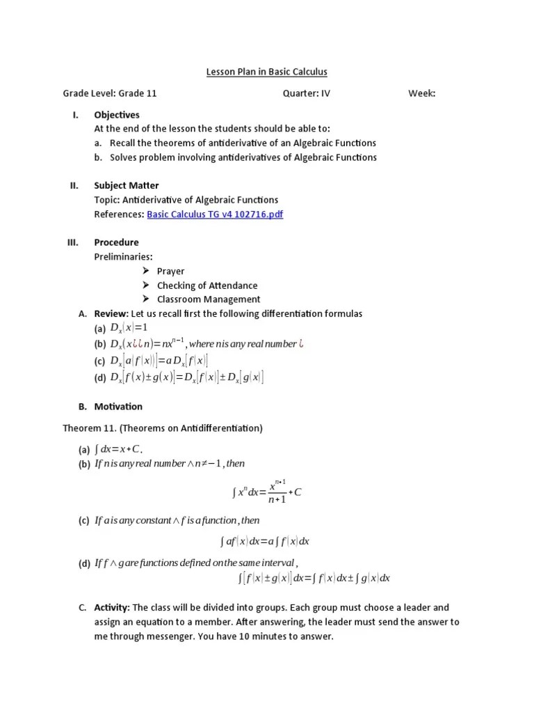 Lesson Plan In Basic Calculus Pdf Mathematical Objects Analysis