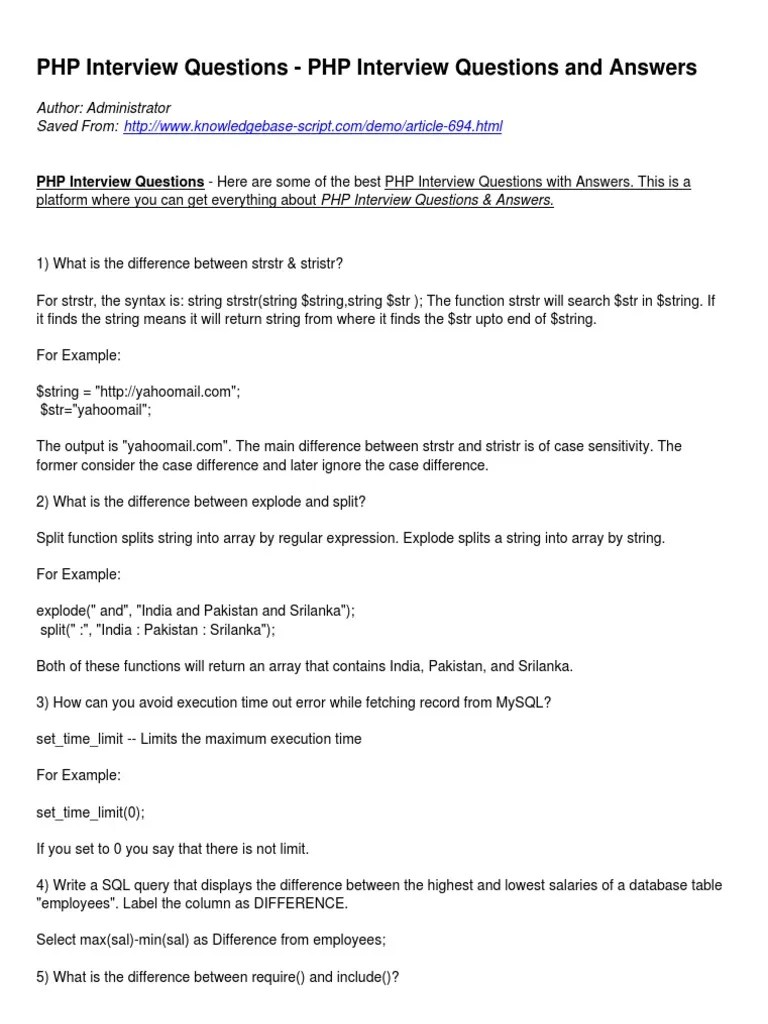 Essential Php Interview Questions Answers Pdf Teaching Methods