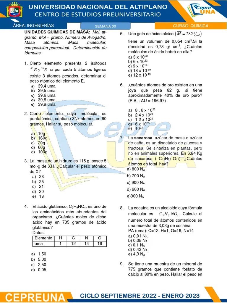 Masa Molar Y Molecular Del Oro Pdf Mole Unidad Sacarosa