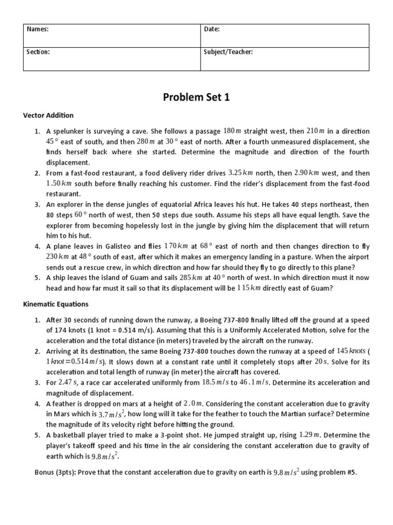 Problem Set 1 Vector Addition And Kinematic Equations Pdf