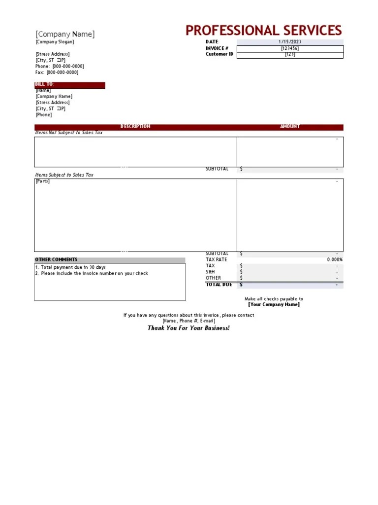 Professional Services Invoice Template Pdf