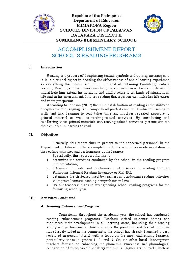 Sumbiling Elementary School S Reading Program Report Pdf Reading