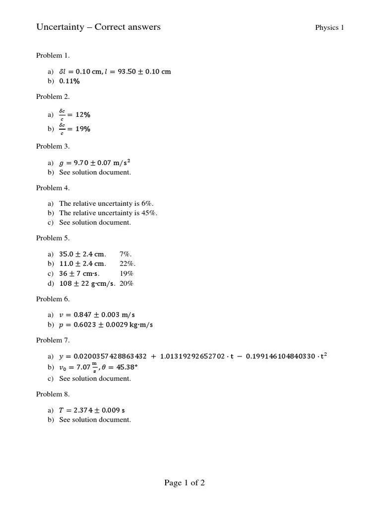 Problems In Uncertainty With Correct Answers Physics 1 Pdf