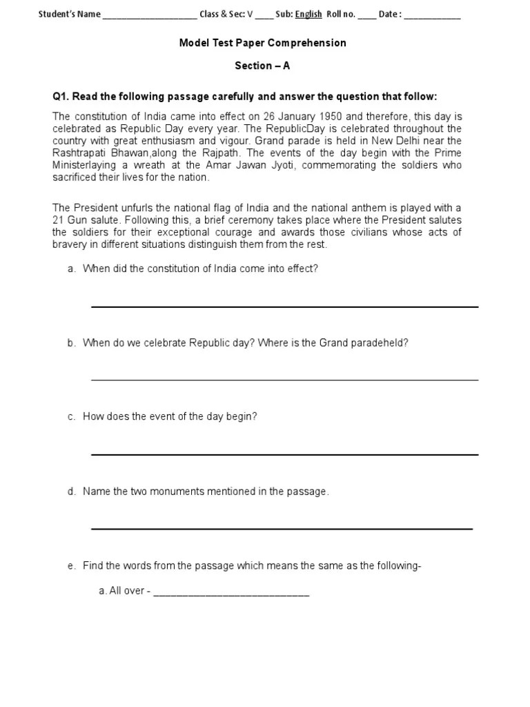 V English Model Test Paper Pdf
