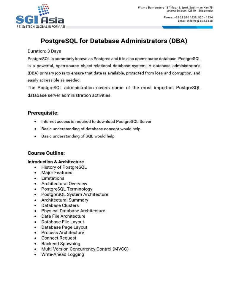 Postgresql Dba Training Course Overview Pdf Postgre Sql Databases