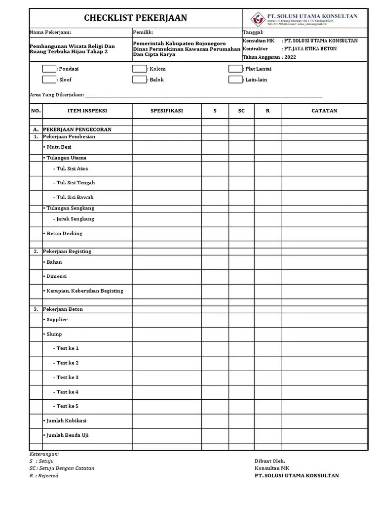 Form Checklist Pekerjaan Pdf