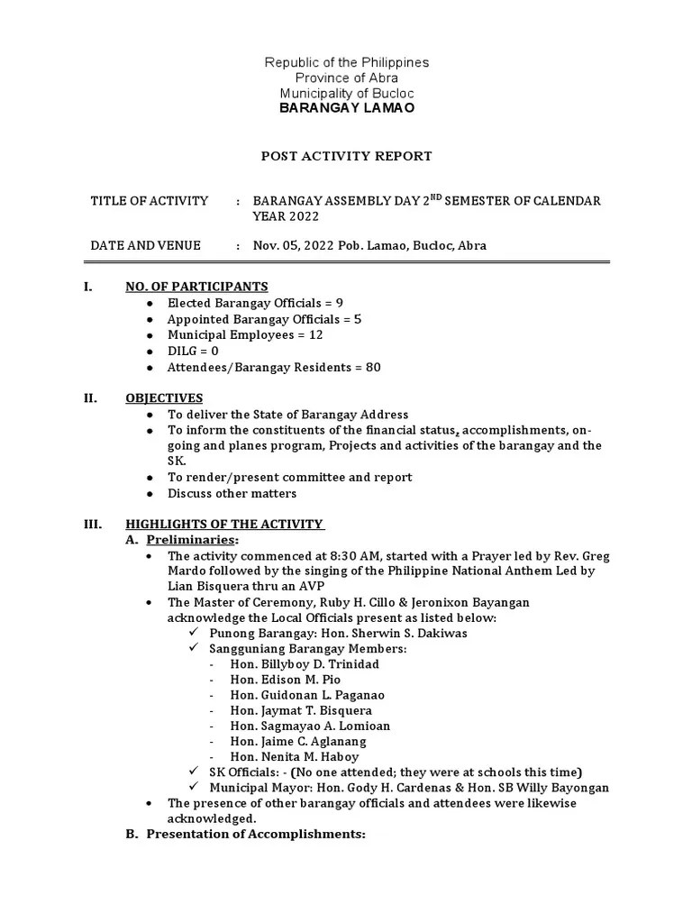 Barangay Assembly Post Activity Report Pdf