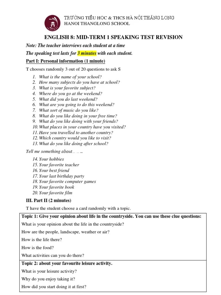G8 Mid First Term Test 1 Speaking Test Revision Pdf Language Arts