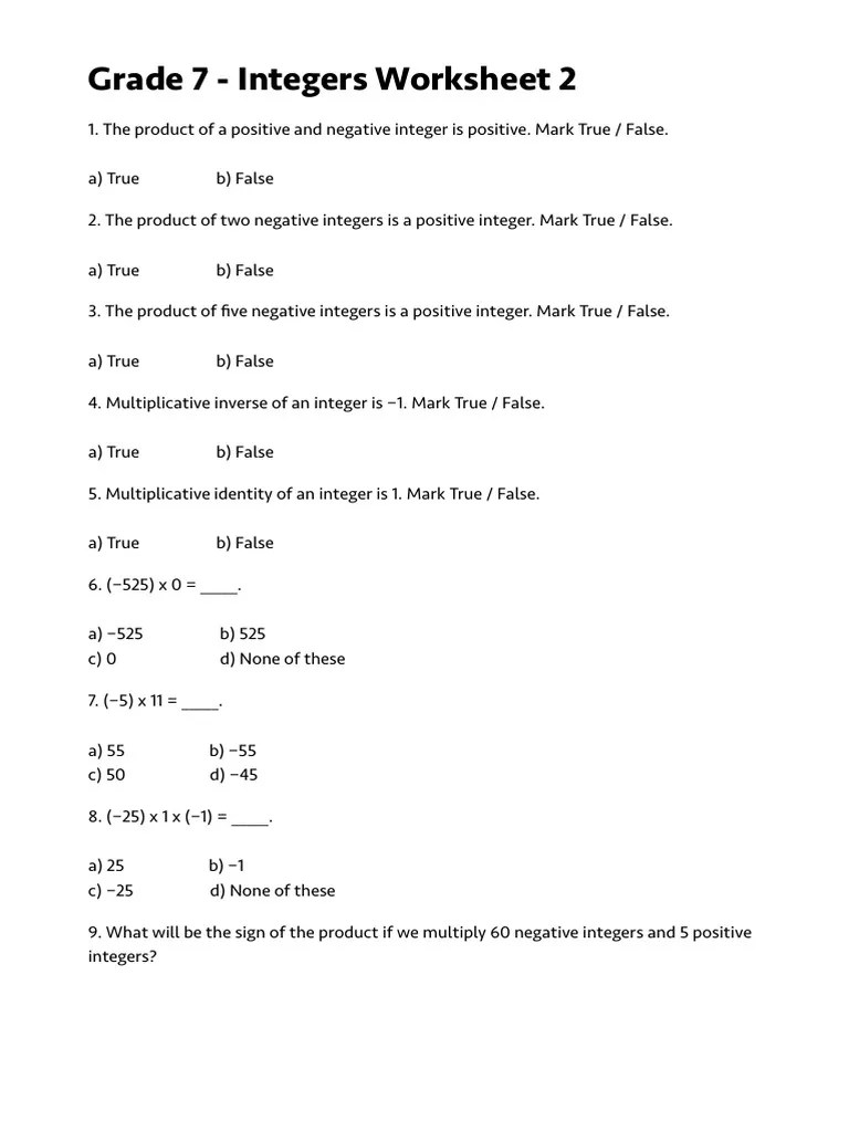 Grade 7 Integers Worksheets Pdf Multiplication Integer