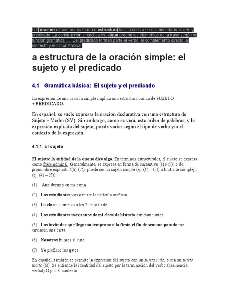 Estructura De La Oración En Español Pdf Asunto Gramática Verbo