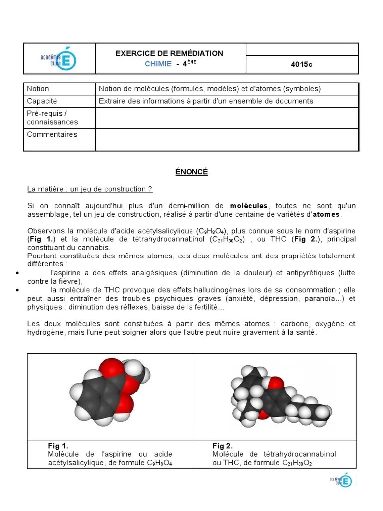 3 Exer 4eme Atomes Molecules Pdf Molécules Aspirine