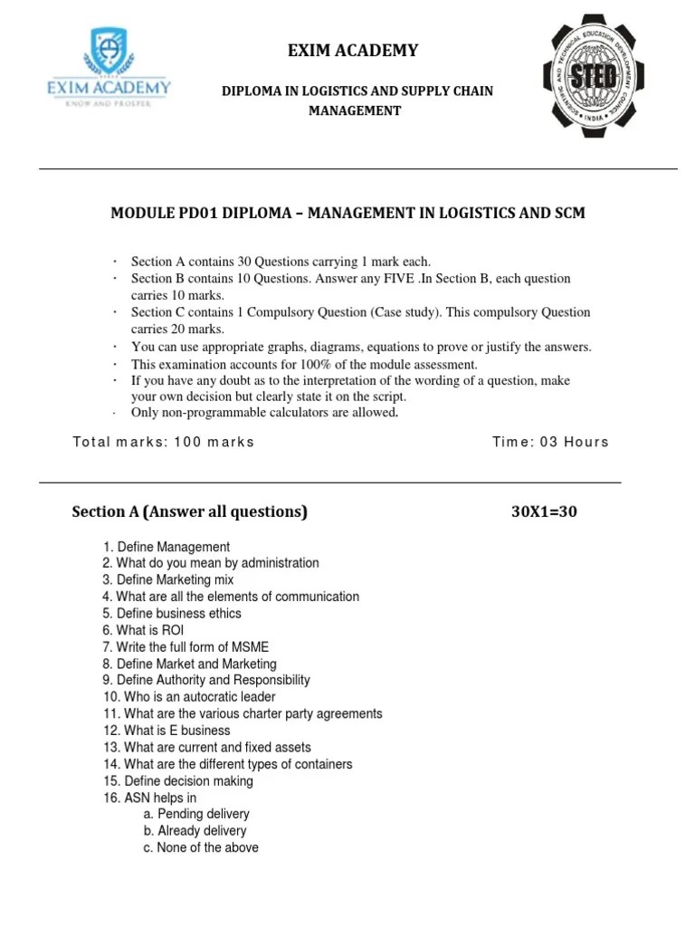 Management In Logistics And Scm New 100 Marks Question Paper Pdf