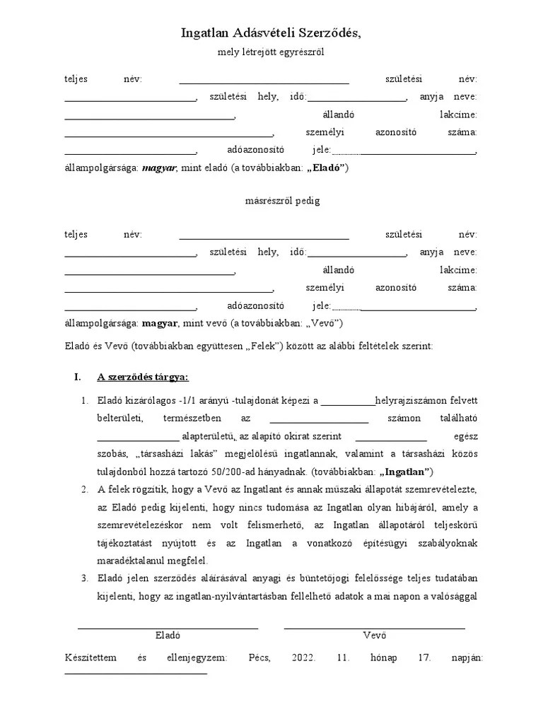 Adásvételi Szerződés Minta Pdf