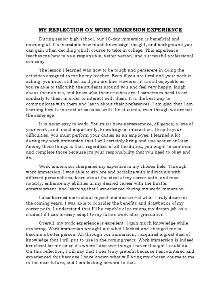 Reflection On My Work Immersion Experience Pdf Communication
