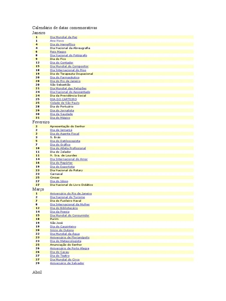 Datas Comemorativas Do Ano Pdf