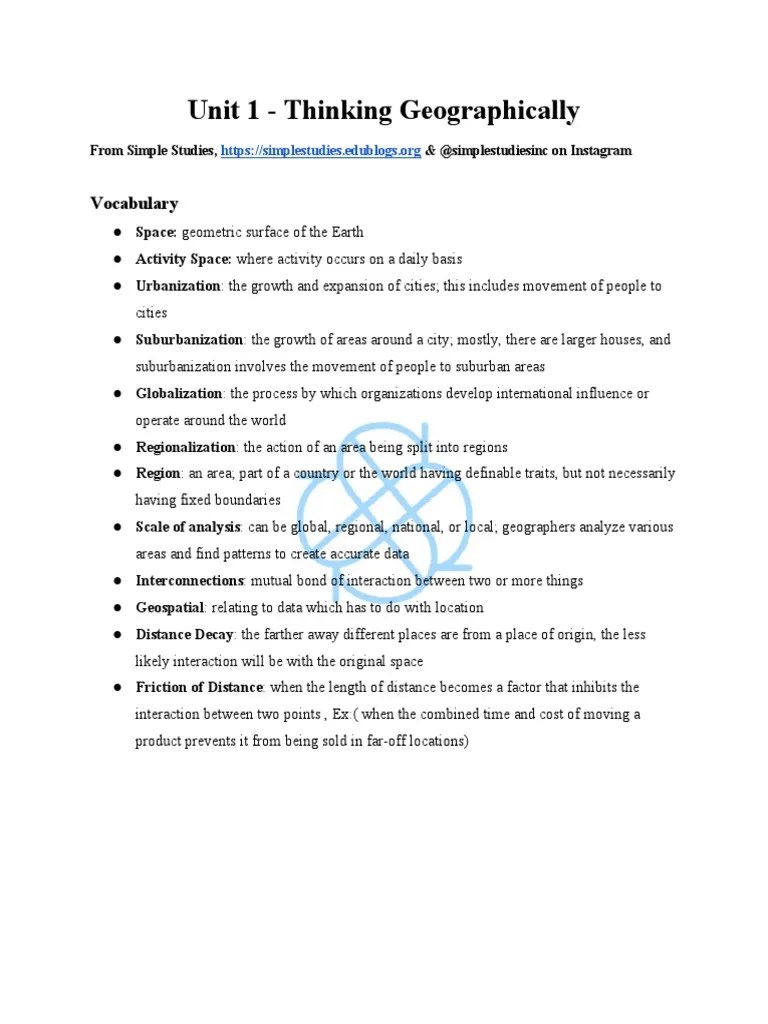 AP Human Geography Unit 1 Thinking Geographically | Download Free PDF ...