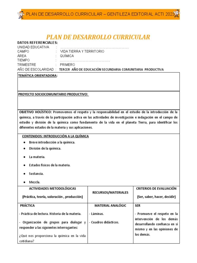 Química 3ro Plan De Desarrollo Curricular 2023 Pdf