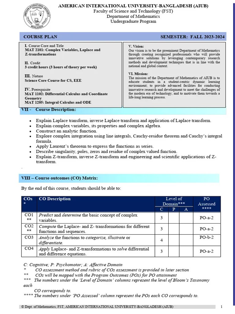 MAT 2101 Complex Variables, Laplace And Z Transform COURSE OUTLINE Fall ...