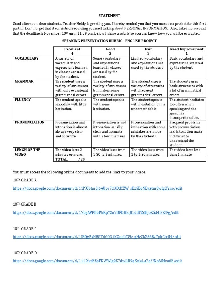 Speaking Presentation Rubric 10th Projects Pdf Grammar Rubric
