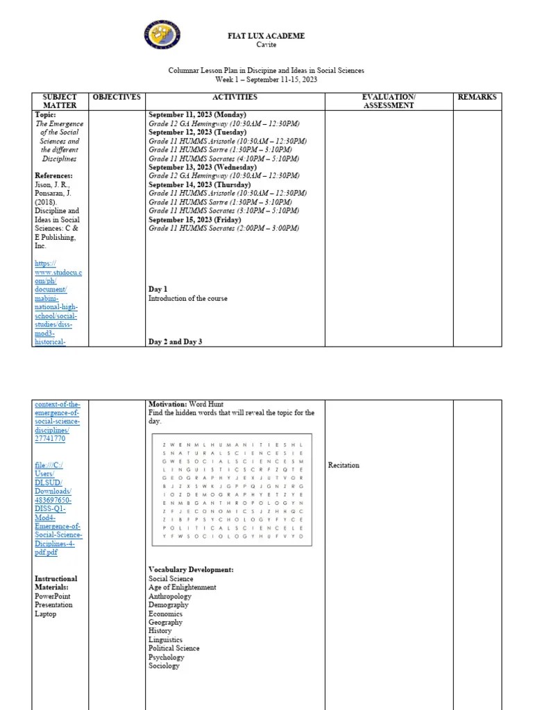 Edited Diss Lesson Plan Week 1 Pdf Sociology Psychology