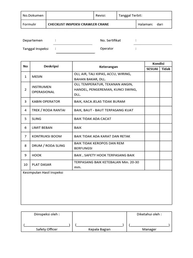 Form Check List Inspeksi Crawler Crane Pdf