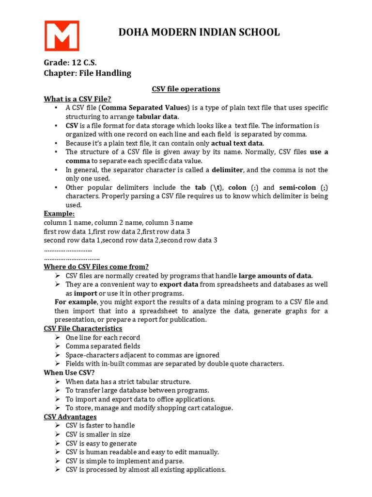 File Handling Csv Files Notes 3 Pdf Comma Separated Values